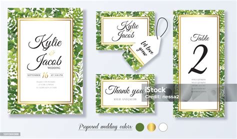 결혼식 초대장 메뉴 감사합니다 라벨 테이블 번호 카드 꽃 디자인 녹색 Amp 골드 수채화 잎 화이트 꽃 장식 프레임 인쇄 벡터 우아한 귀여운 소박한 인사말 초대 엽서 0명에