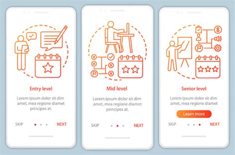 작업 경험 오렌지 온보딩 모바일 앱 페이지 화면 벡터 템플릿입니다 항목 중간 고위 수준 선형 일러스트레이션이 있는 웹 사이트