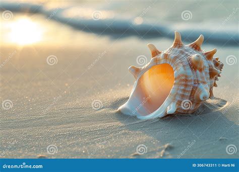 Generative Ai Image Of Conch Shell On Beach Sand With Waves Stock
