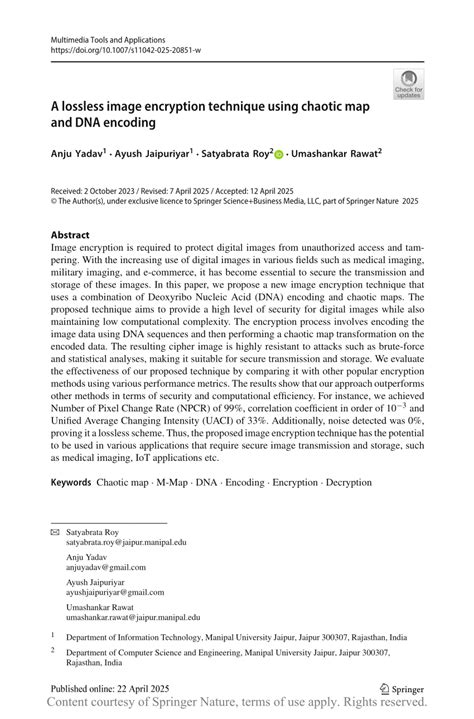 A Lossless Image Encryption Technique Using Chaotic Map And Dna Encoding Request Pdf