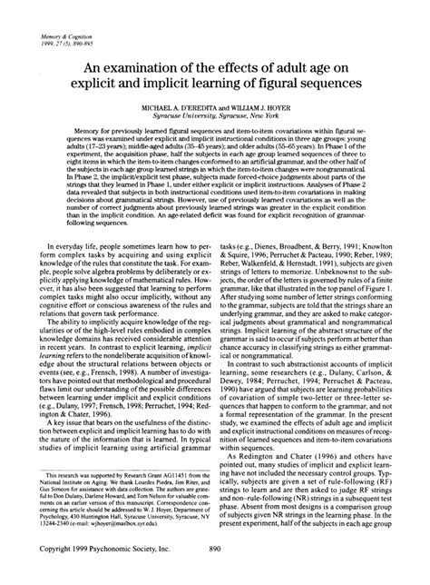 Pdf An Examination Of The Effects Of Adult Age On Explicit And Implicit Learning Of Figural