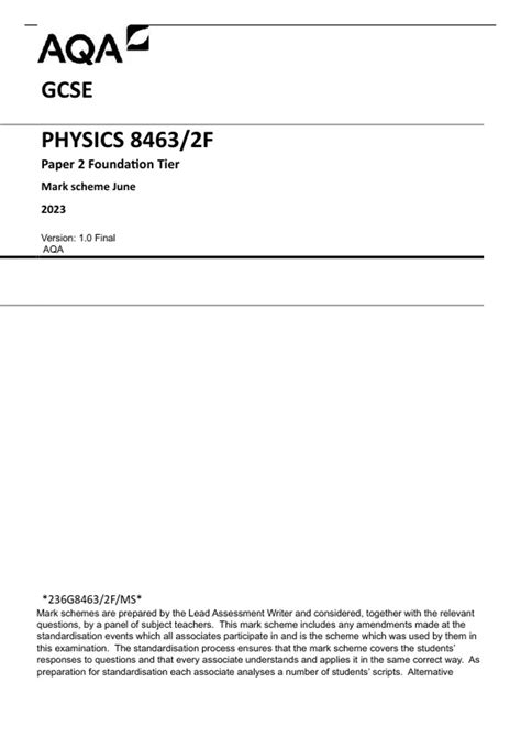 Aqa Gcse Physics 8463 2f Paper 2 Foundation Tier Mark Scheme June 2023 Version 1 0 Final Gcse