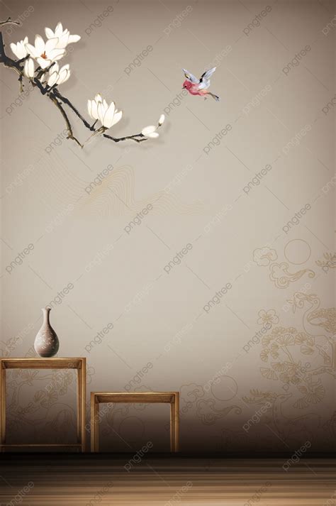모란 디 레트로 매화 꽃병 포스터 모란 디 단순한 문학 분위기 복고풍 매화 꽃병 조명 효과 버드 배경 배경 화면 및 일러스트