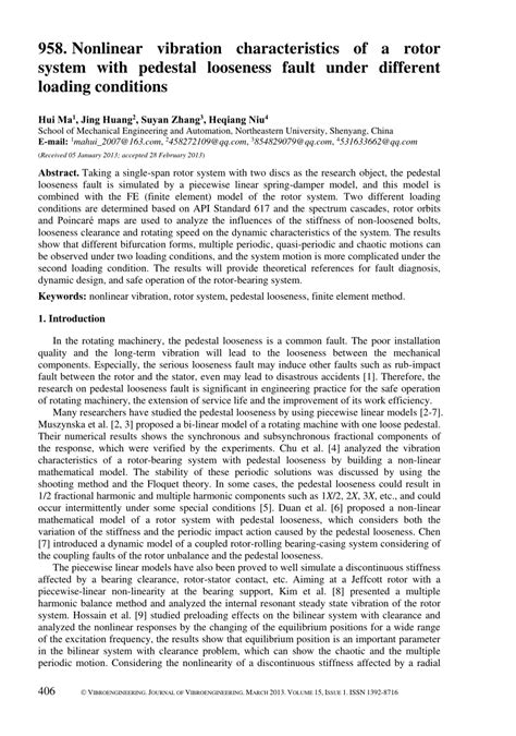 Pdf Nonlinear Vibration Characteristics Of A Rotor System With