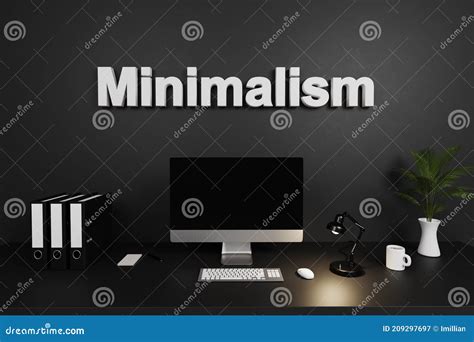 Modern Organized Tidy Clean Office Workspace With Computer Screen And Dark Concrete Wall