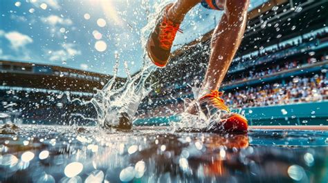 Dynamic Steeplechase Runner Leaping Over Water Jump In Sunlit Stadium