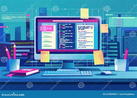Desktop Computer With Programming Code And Sticky Notes On The Screen