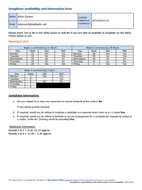 March April 22 Invigilator Availability And Information Form Pdf