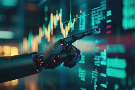 Robotic Arm Pointing At Stock Market Data On Digital Screen Stock Image