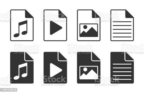 ชุดไอคอนของไฟล์ประเภทต่างๆ เช่นมัลติมีเดียข้อความไฟล์เสียงและไฟล์ภาพ ภาพประกอบเวกเตอร์ ภาพประกอบ
