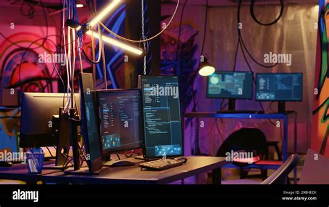 Programming Language On Pc Screens In Empty Messy Hackers Base Of