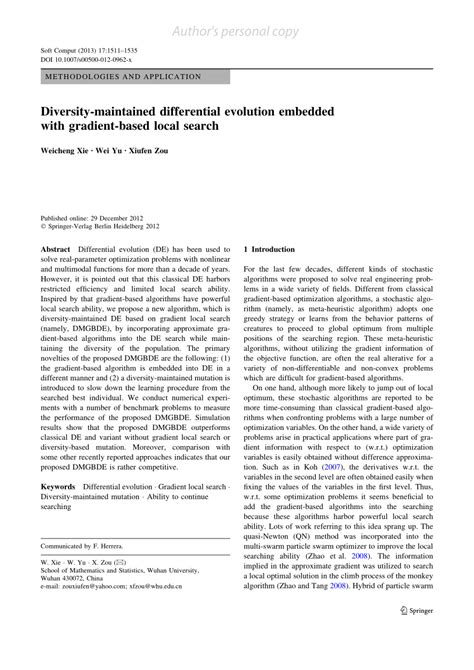 Pdf Diversity Maintained Differential Evolution Embedded With Gradient Based Local Search