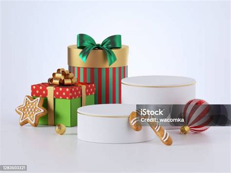 3d 렌더 포장 선물 상자로 장식 크리스마스 축제 배경 흰색 연단 빈 받침대 둥근 무대 제품 디스플레이 쇼케이스 모형 3차원 형태에 대한 스톡 사진 및 기타 이미지 Istock