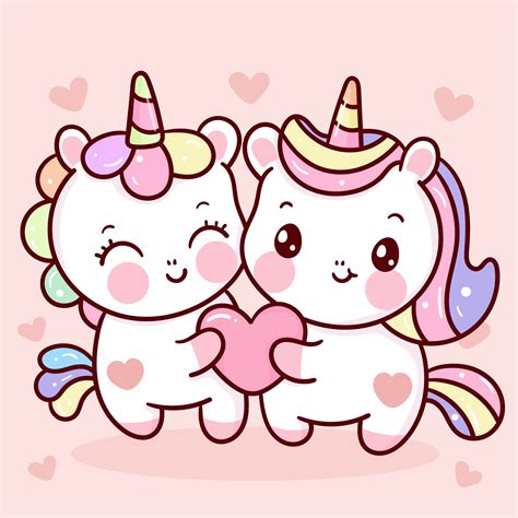 Cute Unicorn Cartoon Sweet Couple With Hearts For Valentines Day