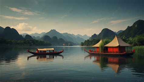 구름이 낀 강 위에 떠 있는 보트 흐린 하늘 아래 강 위에 떠 있는 배 강 위에 떠 있는 배 보트 배경 일러스트 및 사진