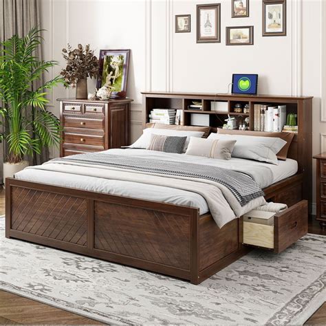 Solid Wood Bed Frame With Storage Bookcase Headboard And 2 Drawers