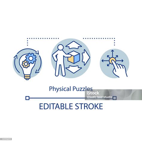 물리적 퍼즐 개념 아이콘입니다 대화 형 게임 아이디어 얇은 라인 그림 버튼을 누르고 물체를 만지고 움직입니다 문제 해결 벡터 절연 윤곽선 도면 편집 가능한 스트로크 개념에