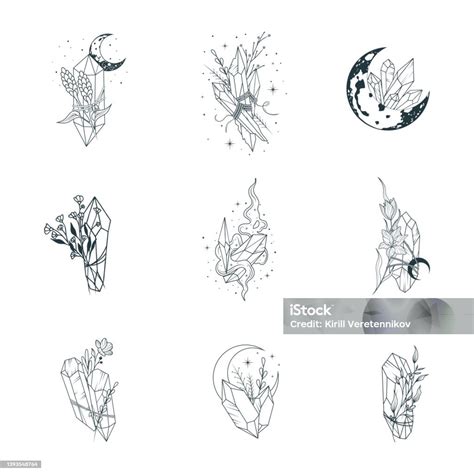천상의 결정 달 꽃 나뭇 가지 문신 티셔츠 인쇄 및 난해한 디자인을위한 9 개의 마법 아이콘의 고립 된 세트 0명에 대한 스톡 벡터 아트 및 기타 이미지 Istock
