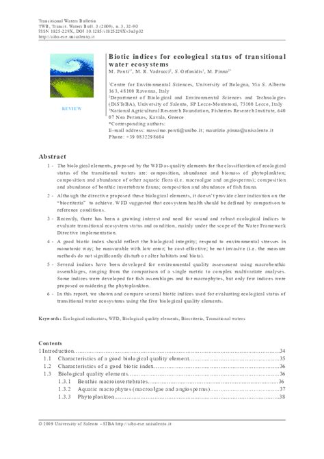 Pdf Biotic Indices For Ecological Status Of Transitional Water Ecosystems
