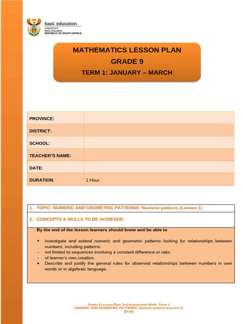 Grade 9 Numeric And Geometric Patterns Lesson 1 Pdf Numbers
