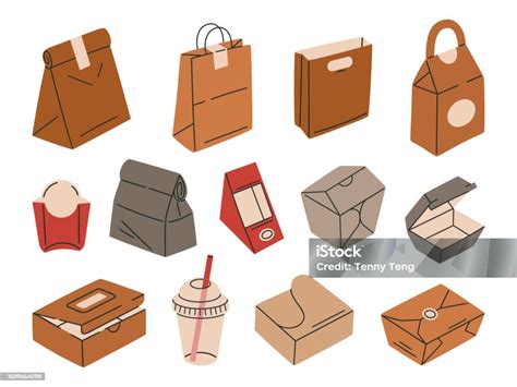 테이크 아웃 식품 포장 종이 또는 판지 음식 배달 용기 판지 가방 및 상자 평면 벡터 그림 세트 빈 종이 패스트푸드 포장지 외식