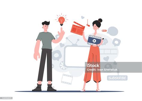 남자와 여자는 그들의 전체 높이에 서서 영화 클래퍼 보드와 전구를 들고 있습니다 블로깅 프리젠 테이션 사이트를위한 요소 감독에