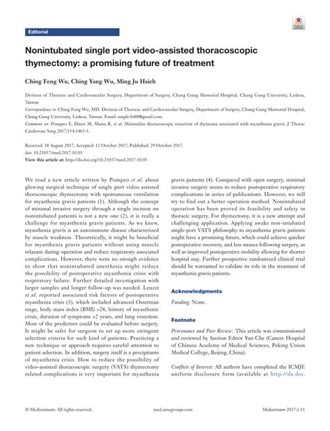 Pdf Nonintubated Single Port Video Assisted Thoracoscopic Thymectomy A Promising Future Of