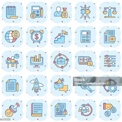 만화 스타일로 설정된 비즈니스 아이콘입니다 돈 사람 흰색 고립 된 배경에 문서 만화 벡터 일러스트레이션 프리랜서 다이어그램 스플래시 효과 비즈니스 개념입니다 휴대용 마이크에