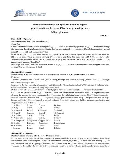 Proba Scrisa Model 1 Engleza Pdf Cola