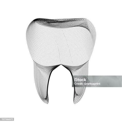 검은 점과 입자로 구성된 치아 실루엣 곡물 질감이 있는 어금니 움푹 들어간 3d 벡터 와이어프레임 흰색 배경에 격리 된 점선 구조와 추상기하의 치과 아이콘 바둑판에 대한