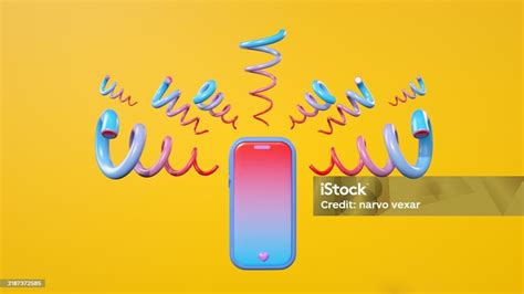 3d 렌더링은 밝은 노란색 배경에 다채로운 나선형 모양으로 둘러싸인 스마트폰을 중앙에 보여줍니다 유쾌한 블루 핑크 레드 팔레트는