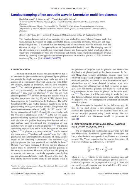 Pdf Landau Damping Of Ion Acoustic Wave In Lorentzian Multi Ion Plasmas
