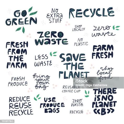 생태 친화적 인 손으로 그린 벡터 레터링 세트 지속 가능하고 친환경적인 라이프스타일 신선한 농산물 행성 타이포그래피 팩을