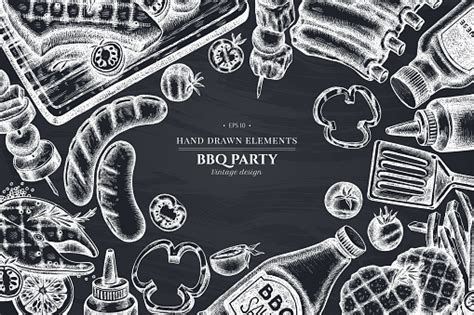 분필 주걱 돼지 갈비 케밥 소시지 스테이크 소스 병 구운 햄버거 패티 구운 토마토 구운 연어 스테이크 구운 피망이 있는 흑백 디자인 갈비 음식에 대한 스톡 벡터 아트 및