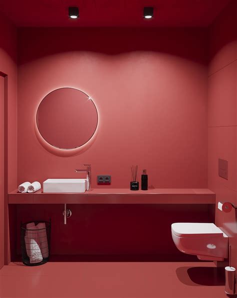 Tan Bathroom With Red Accents