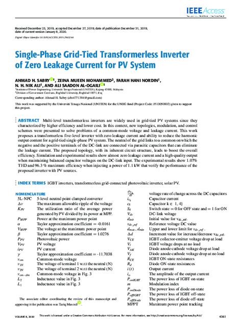 Pdf Single Phase Grid Tied Transformerless Inverter Of Zero Leakage Current For Pv System