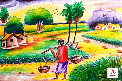 How To Draw Village Scenery Village Scenery Drawing Easy গ্রামের দৃশ্য অংকন Watercolor Art