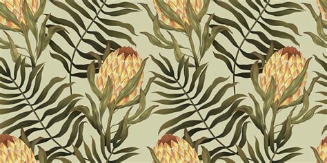 열대 잎에 금 프로테아 꽃 열대 이국적인 원활 한 패턴 손으로 그린 3d 일러스트레이션 디자인 배경 화면 직물 인쇄 포장지 천 노트북 커버에 적합합니다 0명에 대한 스톡