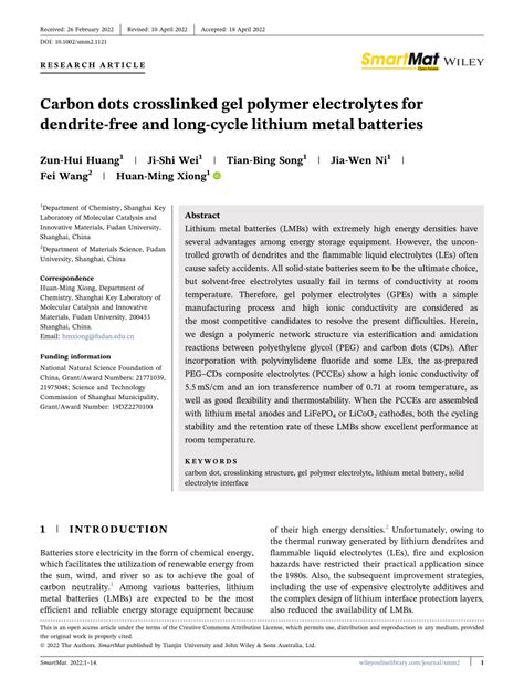 Pdf Carbon Dots Crosslinked Gel Polymer Electrolytes For Dendrite‐free And Long‐cycle Lithium