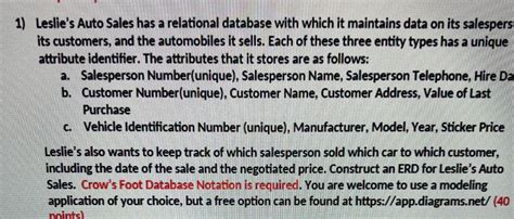 Solved 1 Leslies Auto Sales Has A Relational Database With