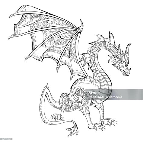 고대 전설에 나오는 호전적인 용의 삽화 아이들 색칠하기 책을 위한 인쇄 가능한 페이지입니다 로고 또는 문신을 인쇄하십시오 어린이와 성인을 위한 그림 그리기 및 명상용