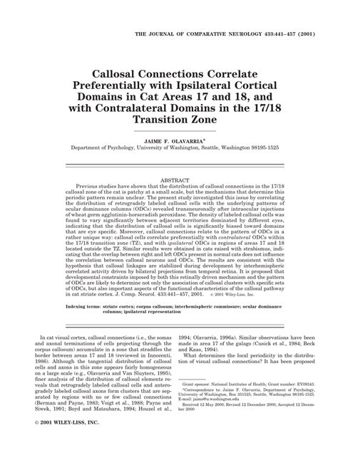 Pdf Callosal Connections Correlate Preferentially With Ipsilateral