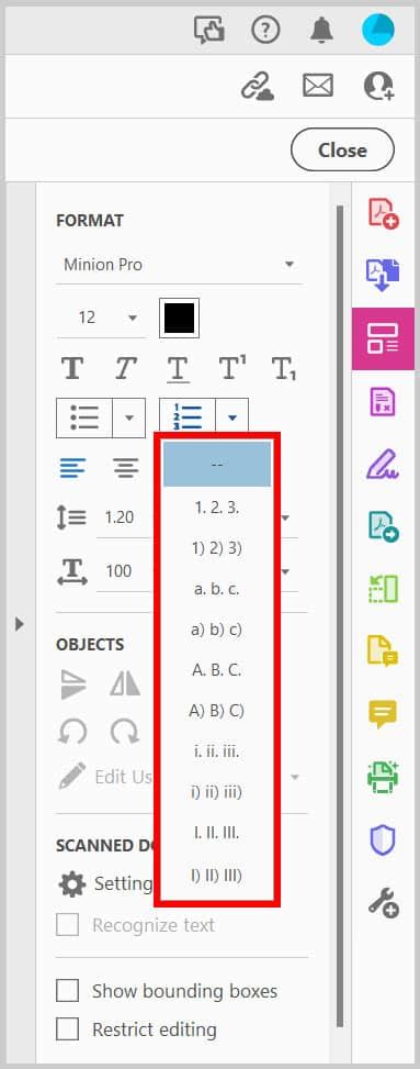 how to create bulleted and numbered lists in adobe acrobat pc and mac