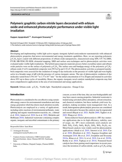 Polymeric Graphitic Carbon Nitride Layers Decorated With Erbium Oxide And Enhanced