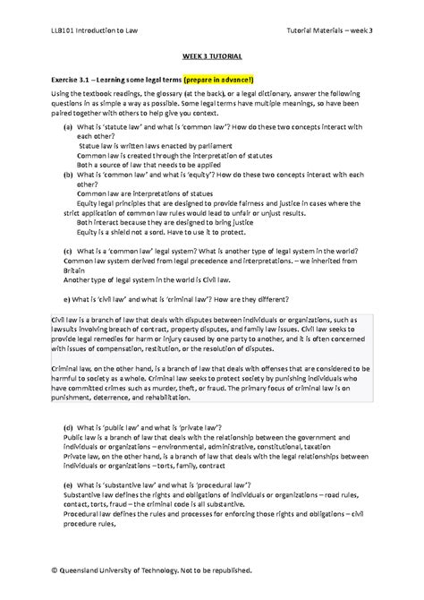 Week Tutorial Activities LLB Introduction To Law Tutorial Materials Week WEEK