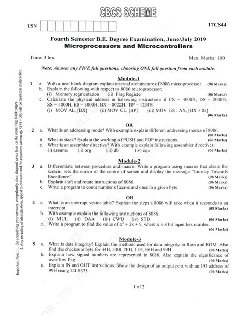 Be Cs 4 Sem Microprocessors And Microcontrollers 17cs44 Jul 2019 Pdf