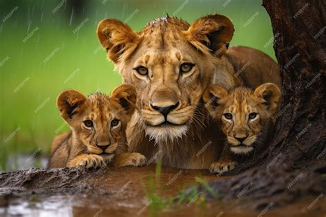 Premium Photo A Mother Lion And Her Cubs Are Laying In The Rain