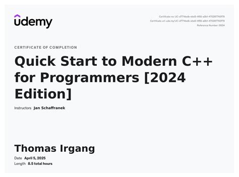 My Course Completion Certificate For Quick Start To Modern C For