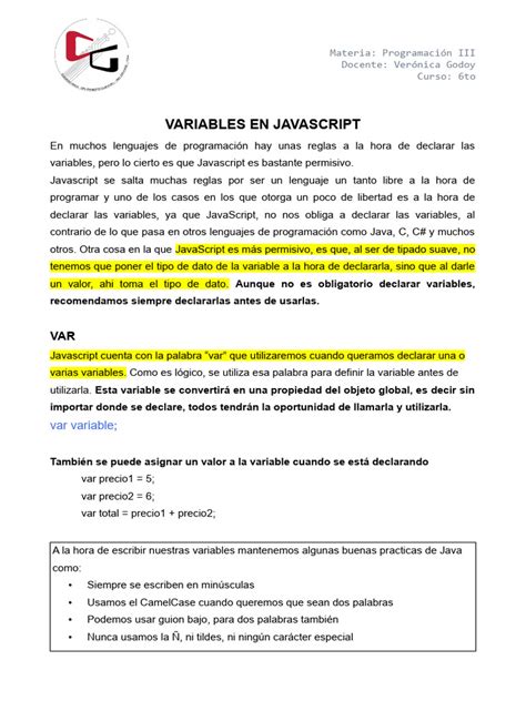 Variables Tipos De Datos Y Objetos Pdf