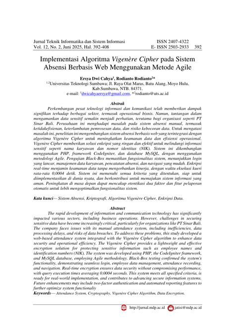 Pdf Implementasi Algoritma Vigenère Cipher Pada Sistem Absensi Berbasis Web Menggunakan Metode